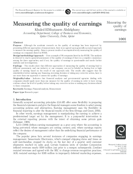 (PDF) Measuring the quality of earnings