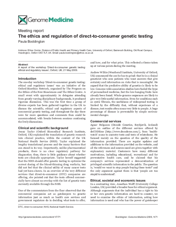 (PDF) The ethics and regulation of direct-to-consumer testing