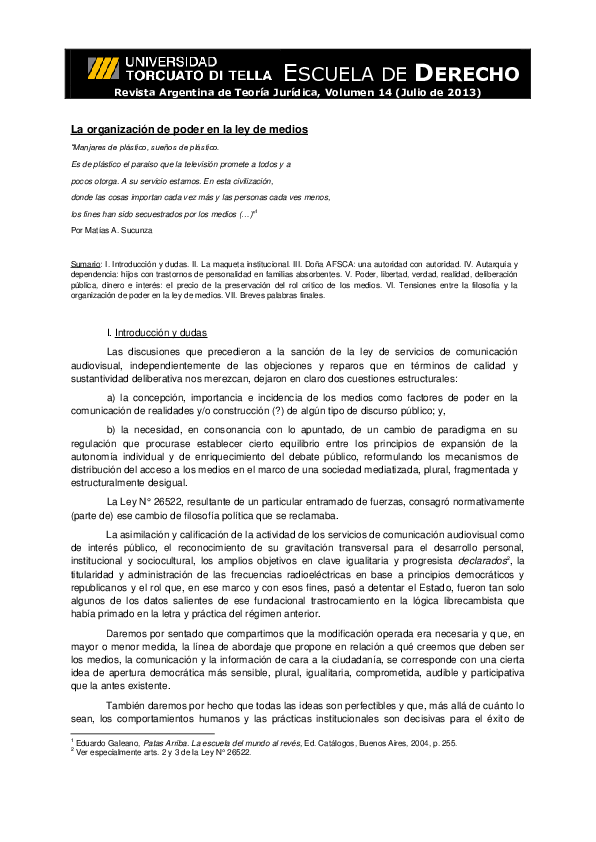 (PDF) La organización de poder en la ley de medios (Rev. Jca. de Teoría Jurídica, Volumen 14 ...
