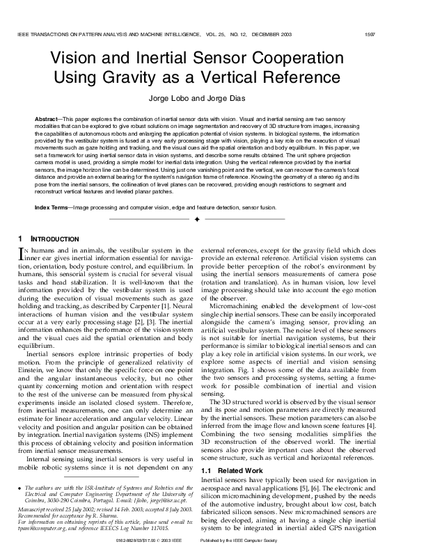 (PDF) Vision and Inertial Sensor Cooperation Using Gravity as a ...