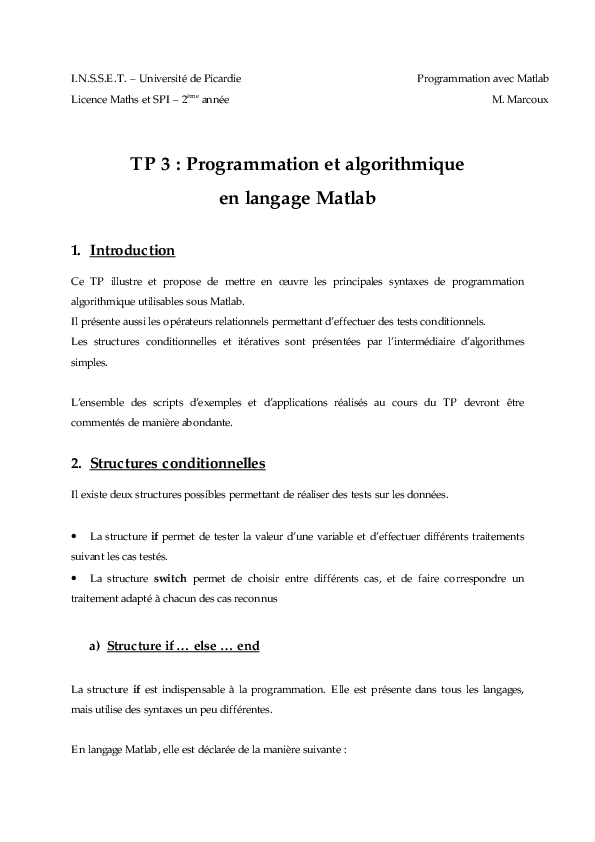 (PDF) I.N.S.S.E.T. – Université de Picardie Programmation avec Matlab Licence Maths et SPI ...