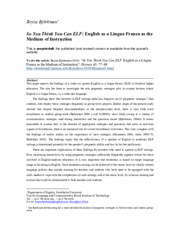 (PDF) So You Think You Can ELF: English as a Lingua Franca as the ...