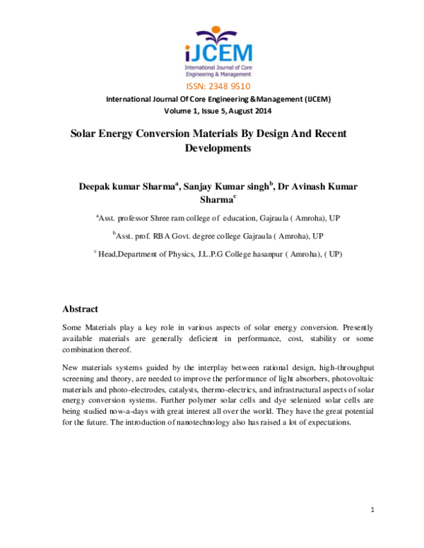 (PDF) Solar-Energy-Conversion-Materials-By-Design-And-Recent-Developments