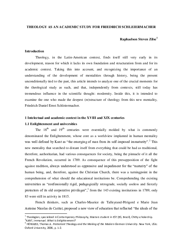 (PDF) (Extract) Theology as an academic study for Friedrich Schleiermacher