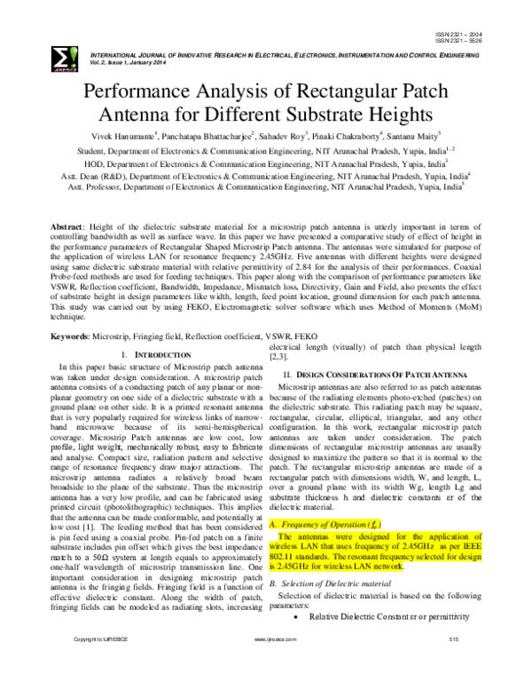 Pdf Performance Analysis Of Rectangular Patch Antenna For Different