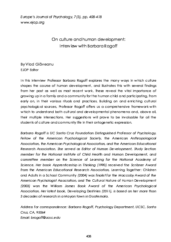 (PDF) On culture and human development: Interv iew with Barbara Rogoff