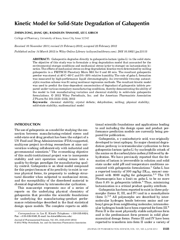 (PDF) Kinetic Model for Solid-State Degradation of Gabapentin