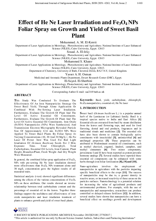 Pdf Effect Of H E Ne Laser Irradiation And Fe 3 O 4 N P S Foliar
