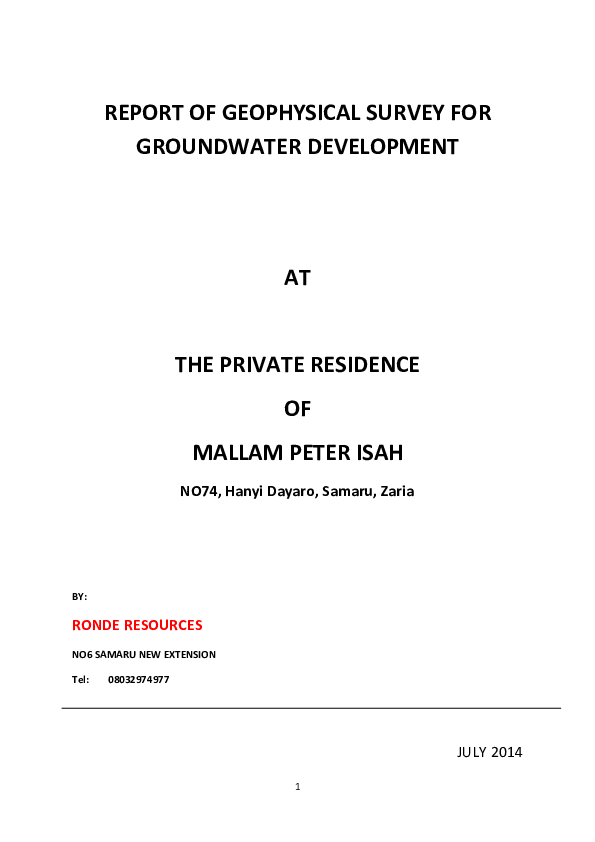 (DOC) REPORT OF GEOPHYSICAL SURVEY FOR GROUNDWATER DEVELOPMENT