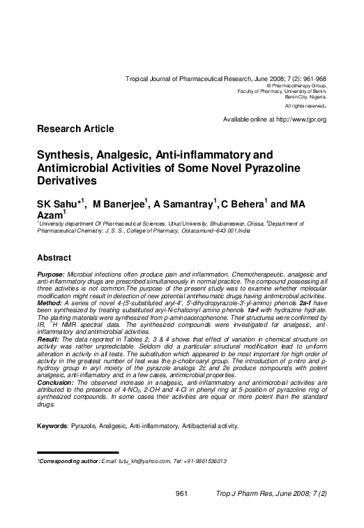 (PDF) Synthesis, Analgesic, Anti-inflammatory and Antimicrobial Activities of Some Novel ...
