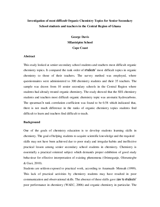 (PDF) Investigation of most difficult Organic Chemistry Topics for ...