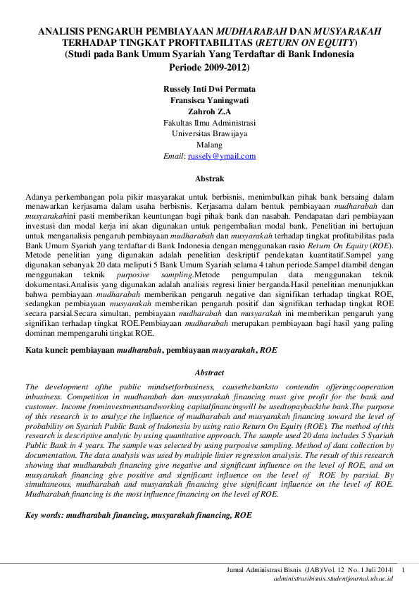 ANALISIS PENGARUH PEMBIAYAAN MUDHARABAH DAN MUSYARAKAH TERHADAP TINGKAT PROFITABILITAS (RETURN ...