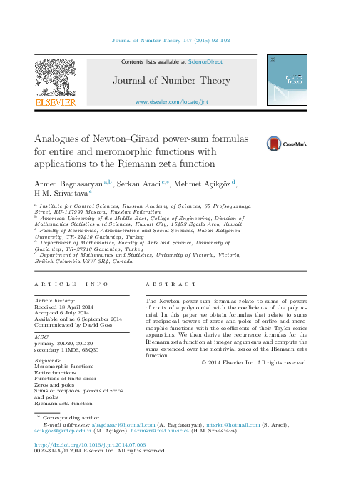 (PDF) Analogues of Newton-Girard power sum formulas for entire and ...