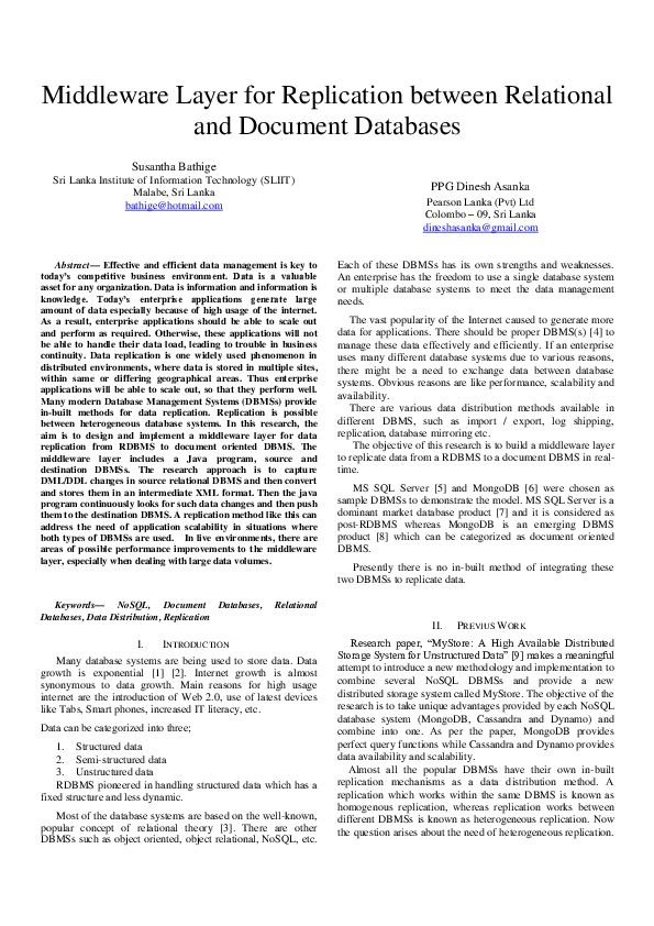 (PDF) Middleware Layer for Replication between Relational and Document Databases