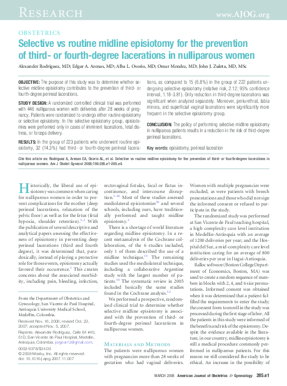(PDF) Selective vs routine midline episiotomy for the prevention of ...