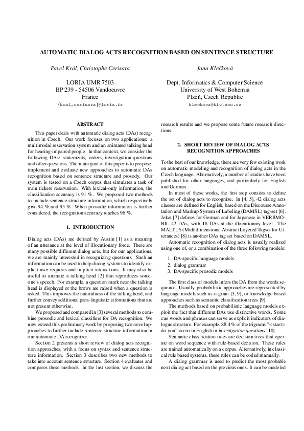 Pdf Automatic Dialog Acts Recognition Based On Sentence Structure