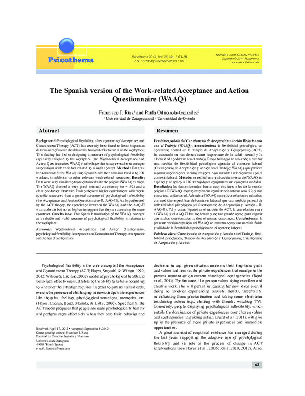 (PDF) The Spanish version of the Work-related Acceptance and Action Questionnaire (WAAQ)