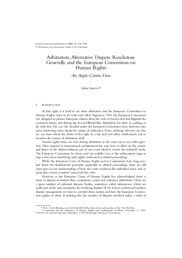 (PDF) Arbitration, Alternative Dispute Resolution Generally and the ...