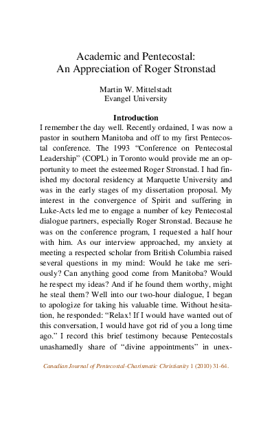 (PDF) Academic and Pentecostal: An Appreciation of Roger Stronstad