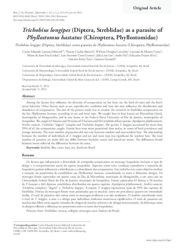 (PDF) 2014 Trichobius longipes (Diptera, Streblidae) as a parasite of ...