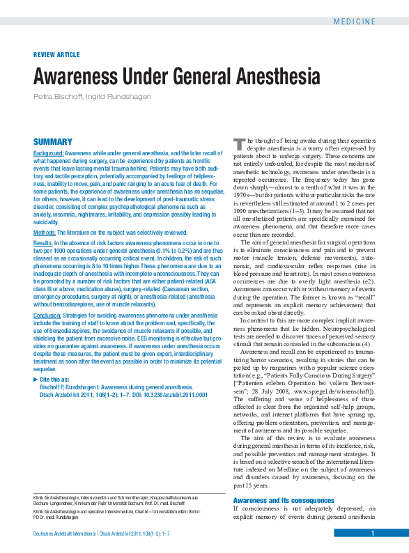(PDF) M E D I C I N E Awareness Under General Anesthesia
