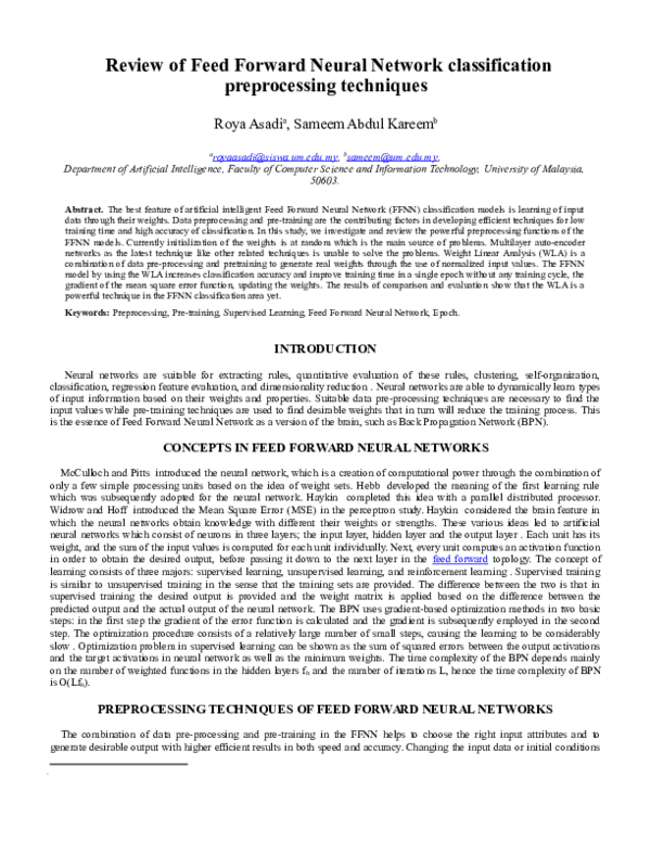 Doc Review Of Feed Forward Neural Network Classification Preprocessing Techniques