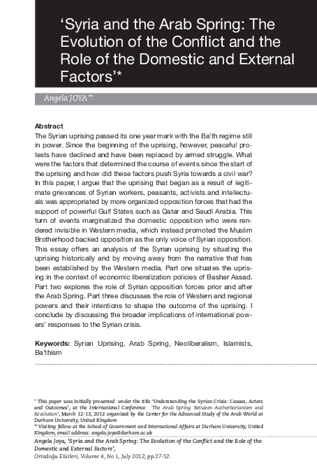 Syria and the Arab Spring:The Evolution of the Conflict and the Role of ...