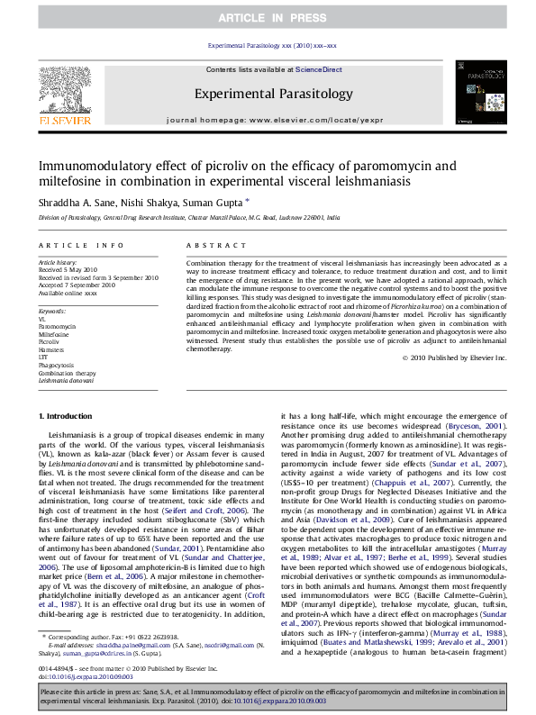 (PDF) Immunomodulatory effect of picroliv on the efficacy of paromomycin and miltefosine in ...