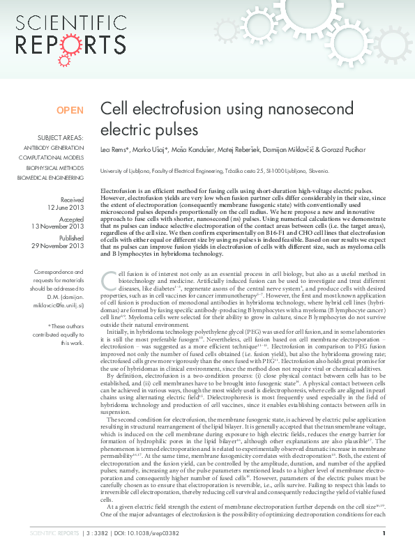 (PDF) Cell electrofusion using nanosecond electric pulses