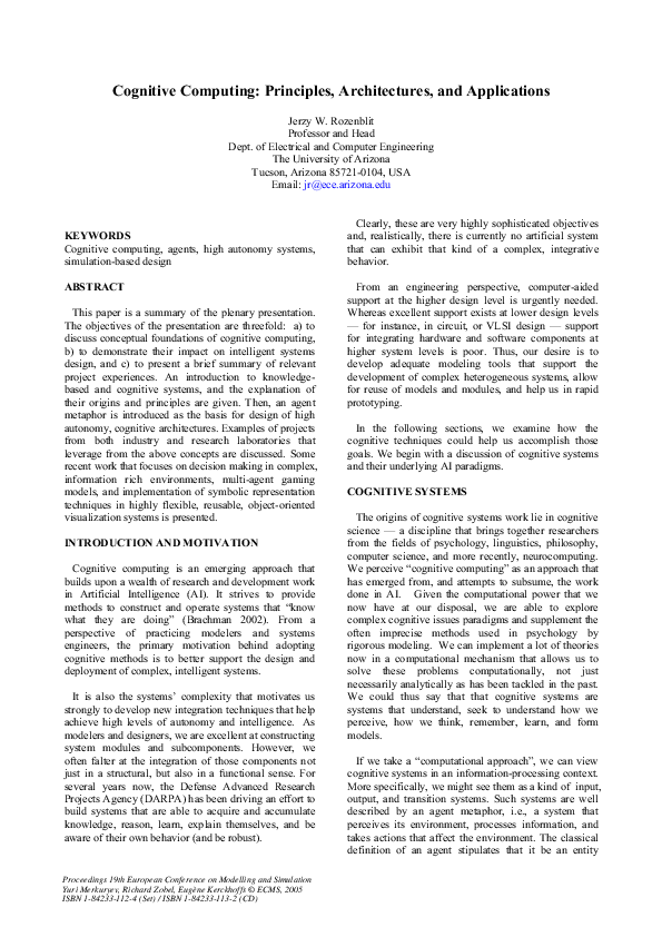 (PDF) Cognitive Computing: Principles, Architectures, and Applications