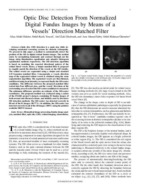 Pdf Optic Disc Detection From Normalized Digital Fundus Images By Means Of A Vessels
