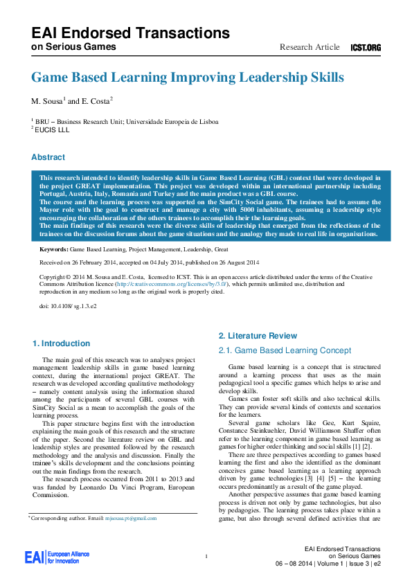 (PDF) Game Based Learning Improving Leadership Skills