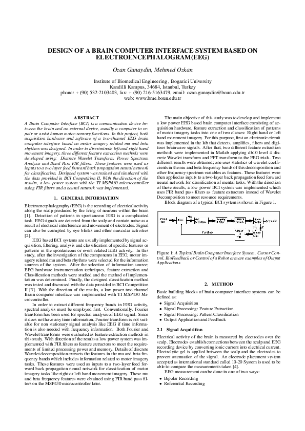Pdf Design Of A Brain Computer Interface Based On Electroencephalogram