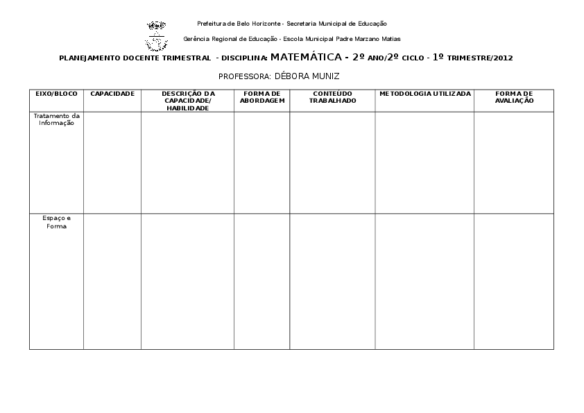MODELO PARA PLANO TRIMESTRAL