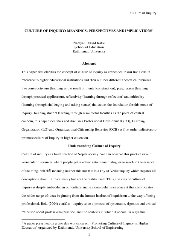 (PDF) CULTURE OF INQUIRY: MEANINGS, PERSPECTIVES AND IMPLICATIONS | Dr ...