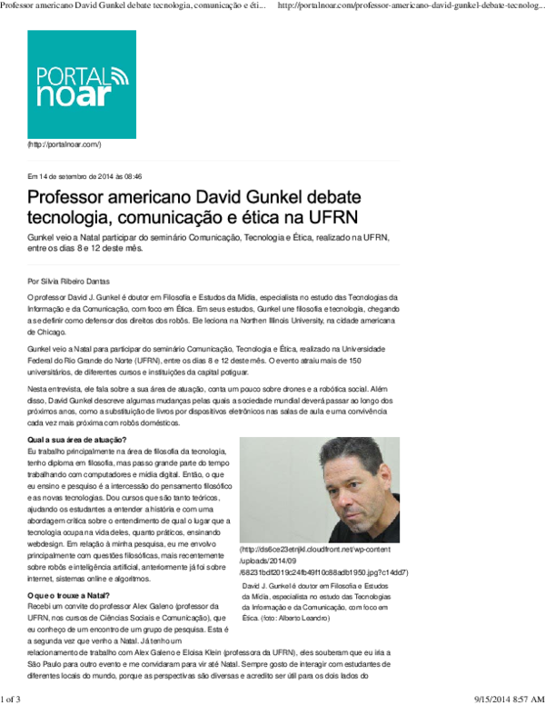 (PDF) Professor americano David Gunkel debate tecnologia, comunicação e ...