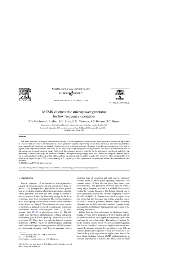 (PDF) MEMS electrostatic micro-power generator for low frequency operation