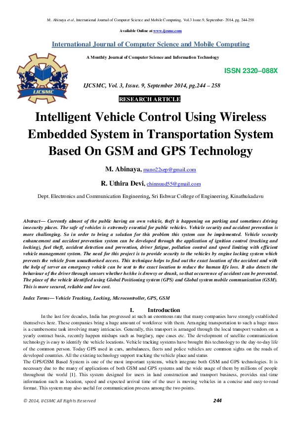 Pdf Intelligent Vehicle Control Using Wireless Embedded System In Transportation System Based