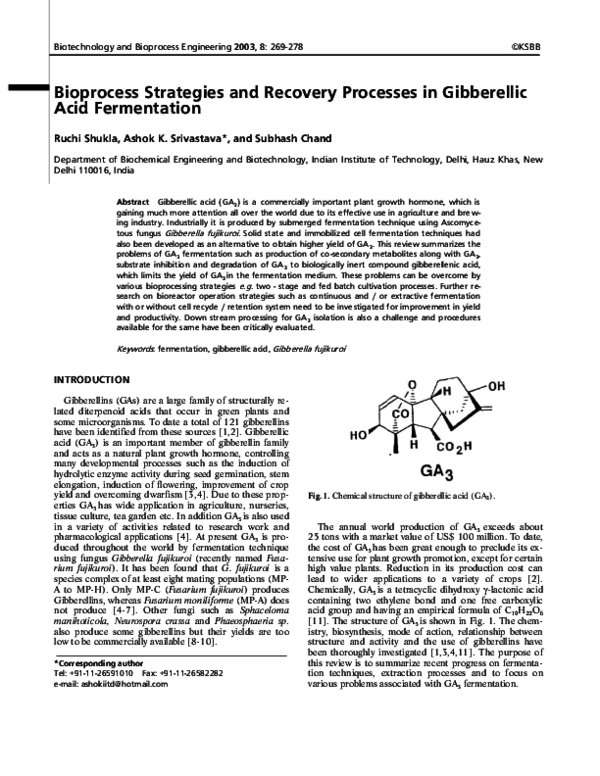 Pdf 06 Bioprocess Strategies And Recovery Processes In Gibberellic