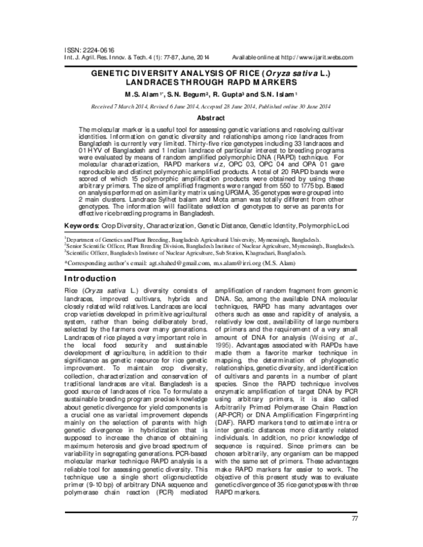(PDF) Genetic diversity analysis of rice (Oryza sativa L.) landraces through RAPD markers