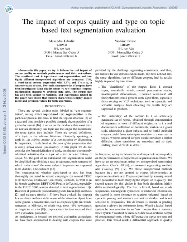 (PDF) The impact of corpus quality and type on topic based text ...