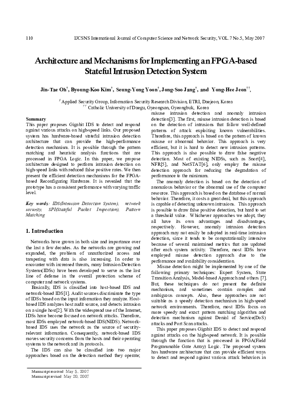 (PDF) Architecture and Mechanisms for Implementing an FPGA-based Stateful Intrusion Detection System
