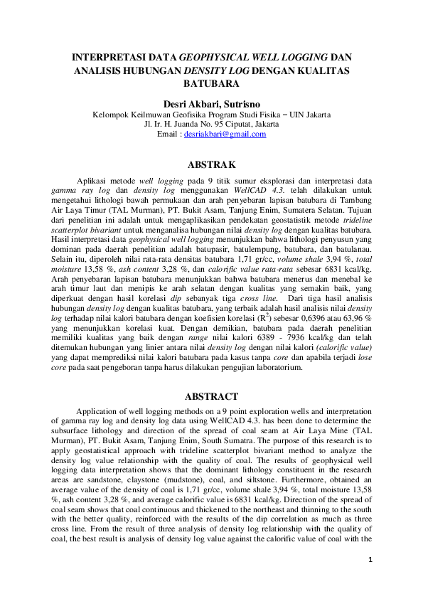 Doc Geophysical Well Logging Data Interpretation And Analysis Of Density Log Relationship With