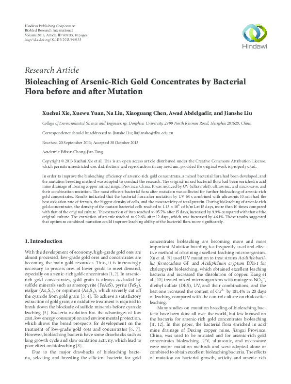 (PDF) Bioleaching of Arsenic-Rich Gold Concentrates by Bacterial Flora ...
