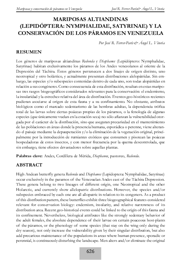 (PDF) Mariposas Altiandinas (Lepidóptera: Nymphalidae: Satyrinae) y la ...