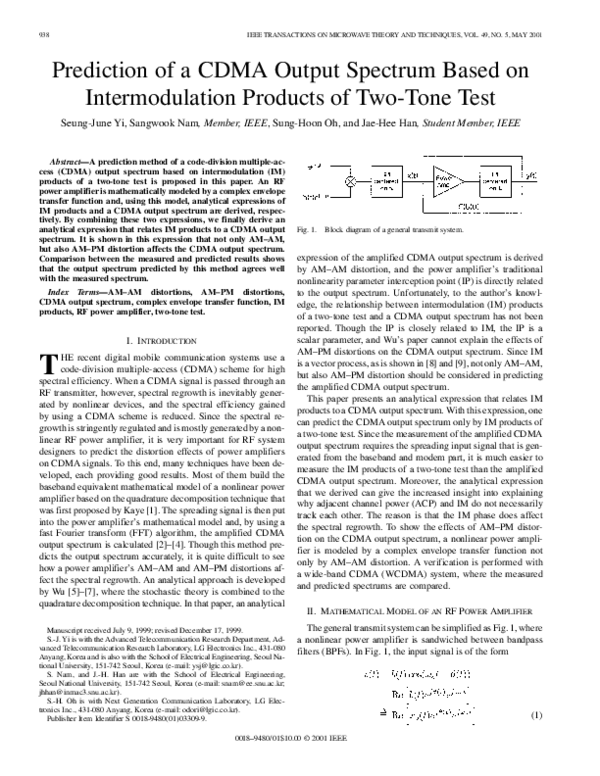 Pdf Prediction Of A Cdma Output Spectrum Based On Intermodulation Products Of Two Tone Test