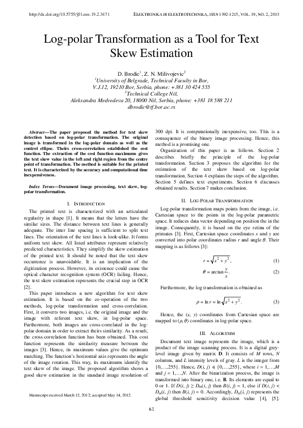 Pdf Log Polar Transformation As A Tool For Text Skew Estimation