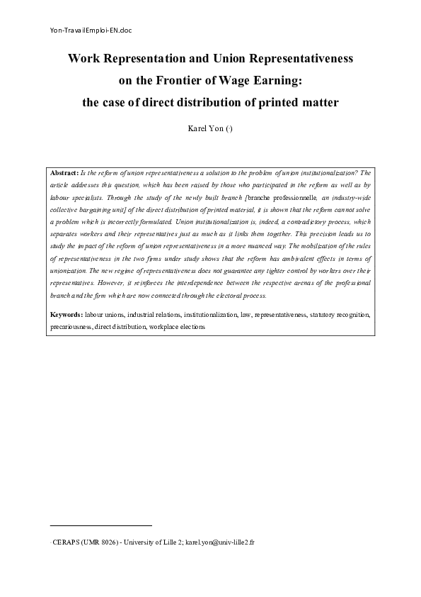 Work representation and union representativeness on the frontier of ...