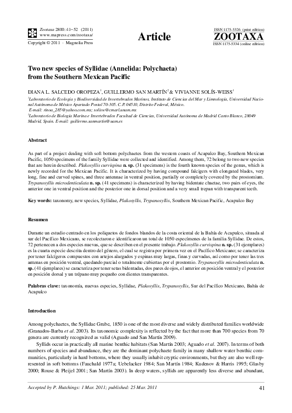 (PDF) Two new species of Syllidae (Annelida: Polychaeta) from the ...