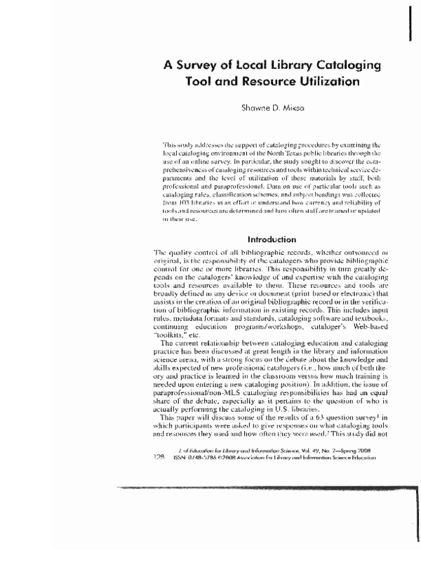 (PDF) A Survey of local library cataloging tool and resource utilization